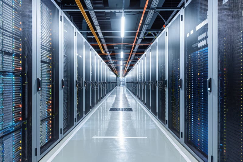 Rows of Servers Fill a Long Building Hallway in a Data Center Stock ...