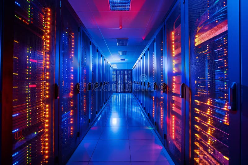 Rows of Servers Fill a Long Building Hallway in a Data Center Stock ...