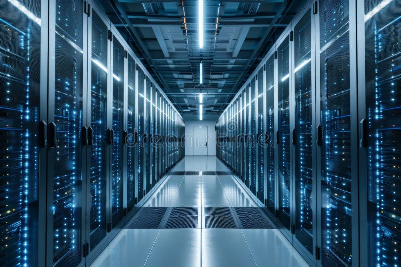 Rows of Servers Fill a Long Building Hallway in a Data Center Stock ...