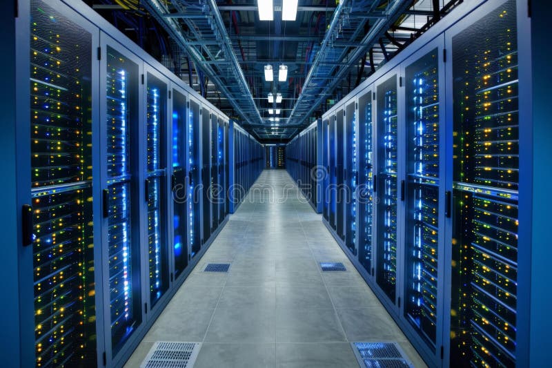 Rows of Servers Fill a Long Building Hallway in a Data Center Stock ...