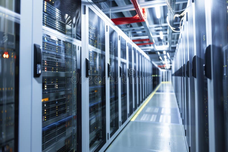 Rows of Servers Fill a Long Building Hallway in a Data Center Stock ...