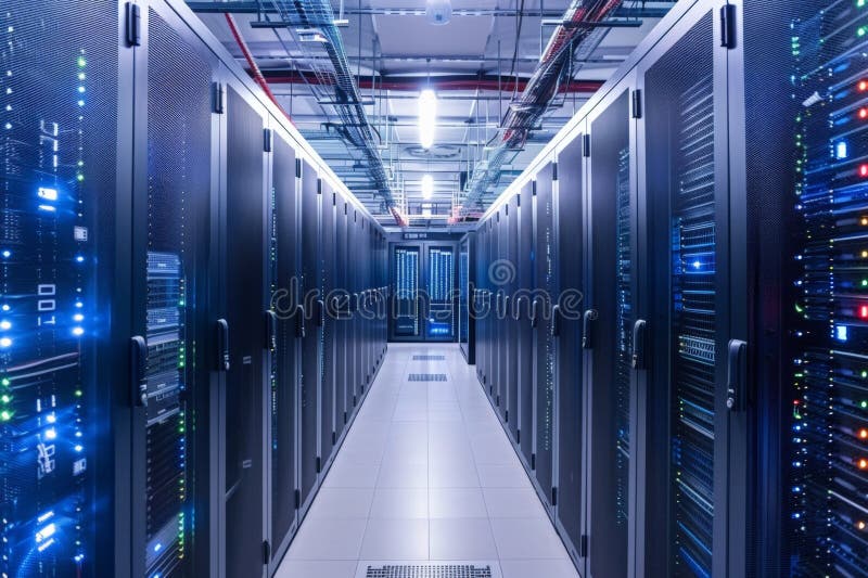 Rows of Servers Fill a Long Building Hallway in a Data Center Stock ...