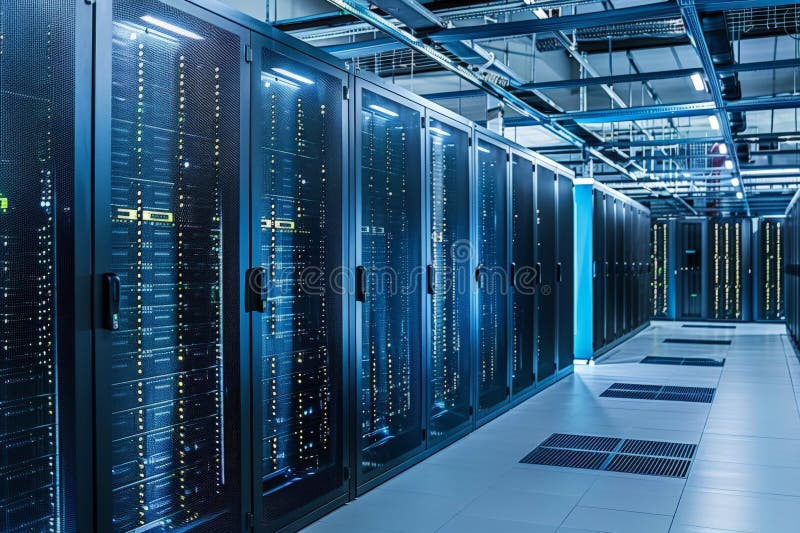 Rows of Servers Fill a Long Building Hallway in a Data Center Stock ...