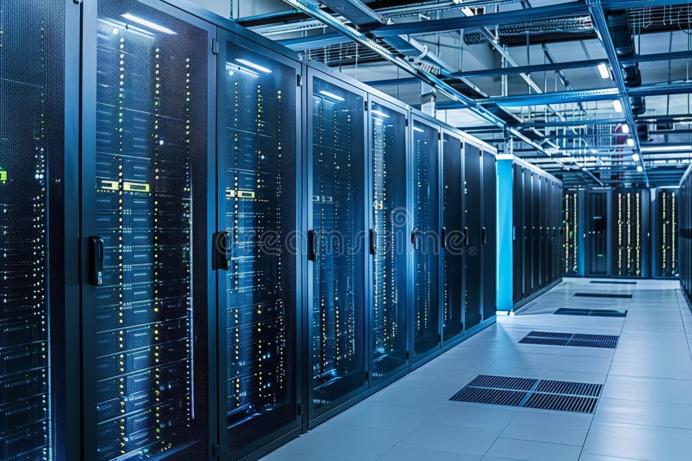 Rows of Servers Fill a Long Building Hallway in a Data Center Stock ...