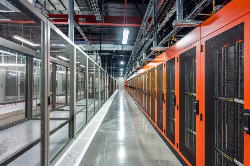 Rows of Servers Fill a Long Building Hallway in a Data Center Stock ...