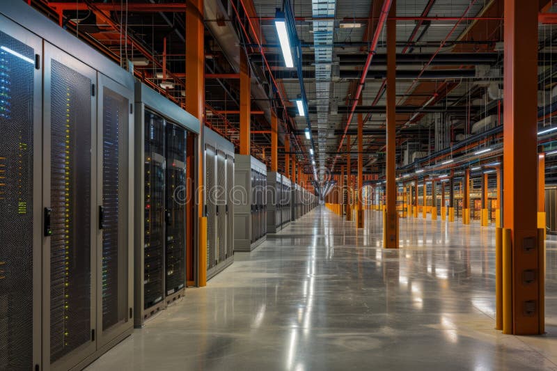 Rows of Servers Fill a Long Building Hallway in a Data Center Stock ...