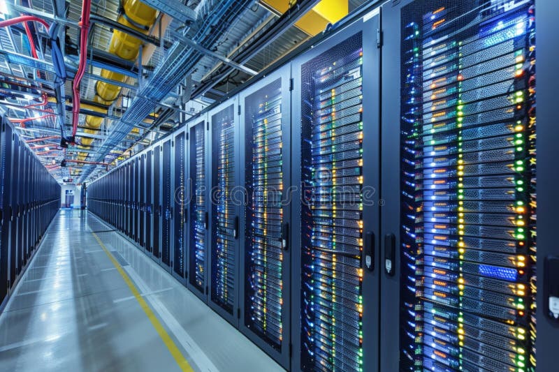 Rows of Servers Fill a Long Building Hallway in a Data Center Stock ...