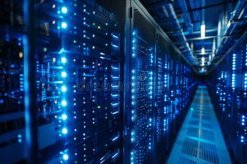 Rows of Servers Fill a Long Building Hallway in a Data Center Stock ...