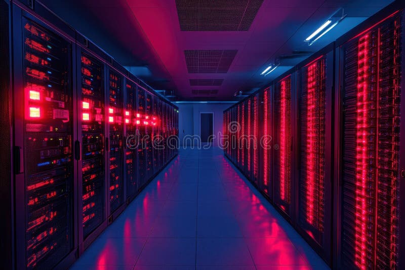 Server Room Illuminated with Red Lights Showcasing Advanced Technology ...