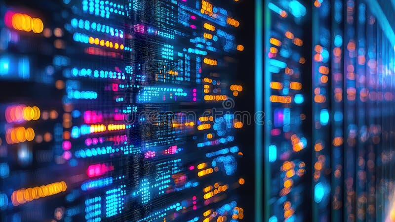 Rows of Servers with Glowing Digital Displays Stock Illustration ...