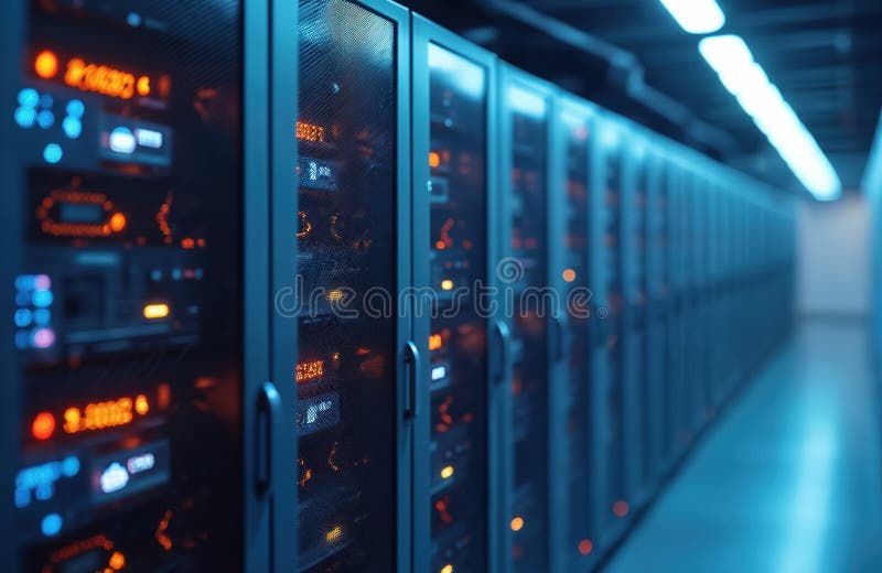 Rows of Servers with Glowing Lights in Modern Data Center. Illustration Shows Cloud Computing ...