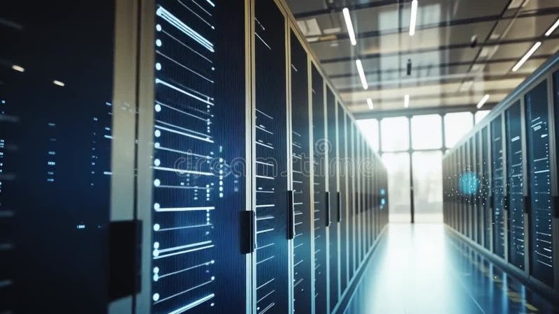 Rows of Servers in a Data Center Showcasing Digital Data Streams and ...