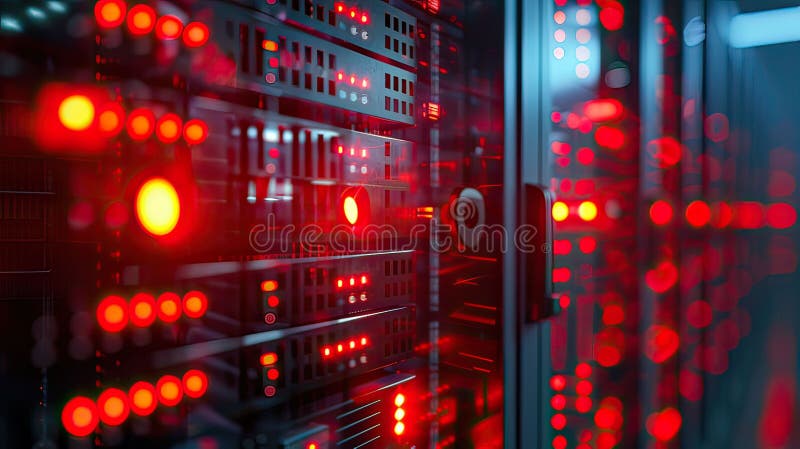 Data Center Server Rack with Red Indicators at Night Stock Image ...