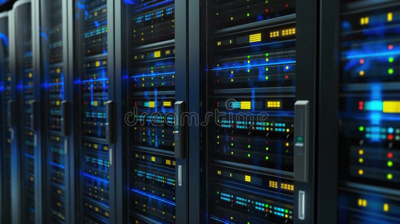 Rows of Servers in a Large Data Center Facility. Modern Equipment and ...
