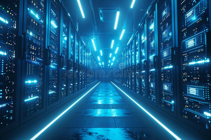Rows of Servers in a Large Data Center, a Futuristic Data Center with ...