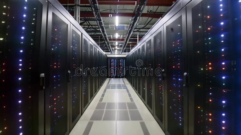 Rows of Servers in a Large Data Center, a Supercomputer Running ...