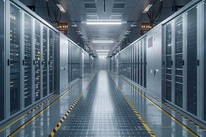 Rows of Servers Line a Well-lit Corridor in a Data Center during the ... Rows of Servers Line a Well-lit Corridor in a Data Center during the ...