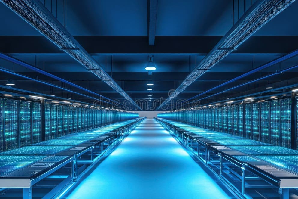 High-tech Data Center Featuring Rows of Servers Illuminated by Blue ...