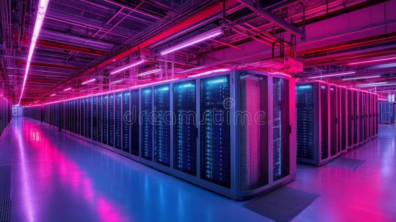 Rows of Servers in a Modern Data Center with Pink and Blue Lighting ...