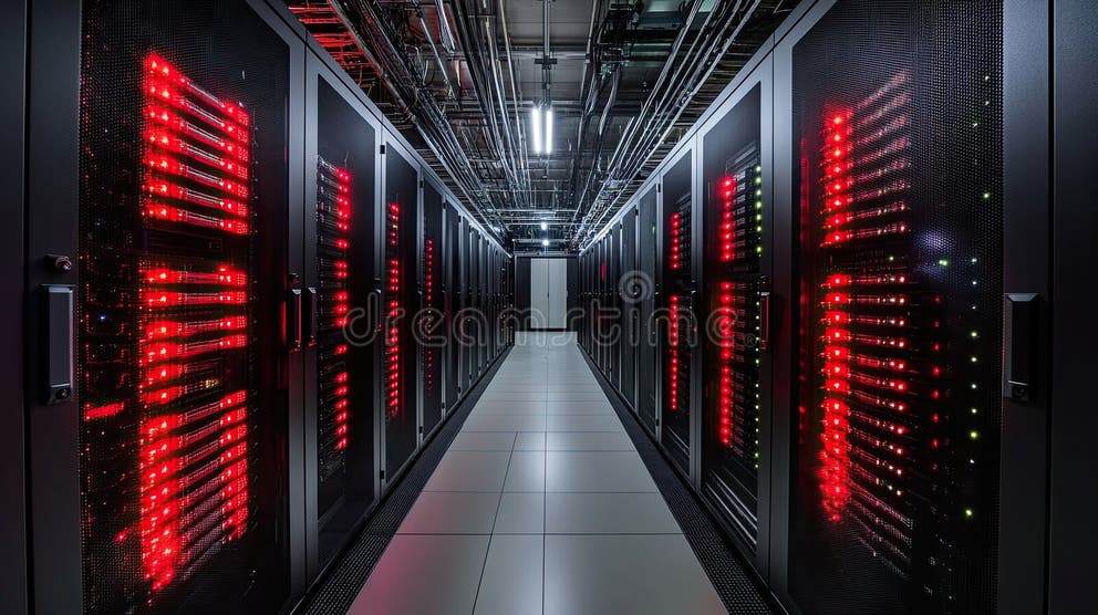 Rows of Servers with Red Lights in a Modern Data Center Stock ...