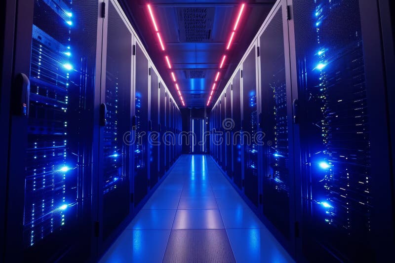 Rows of Servers are Seen Stretching Down a Long and Narrow Hallway in a ...