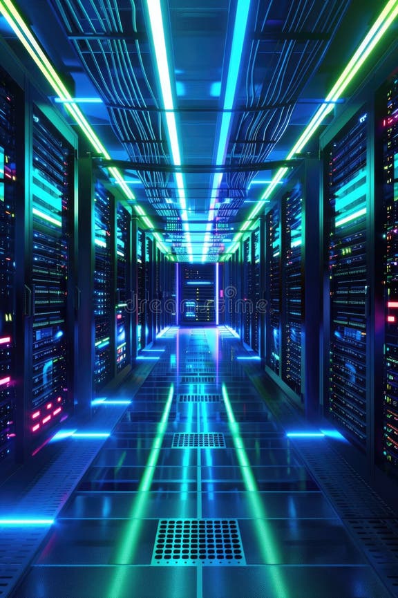 Rows of Servers Under Bright Neon Lights in a Data Center Stock Image ...