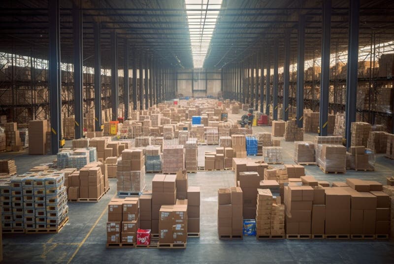 Rows of Shelves with Boxes in Big Modern Warehouse, Generative AI ...
