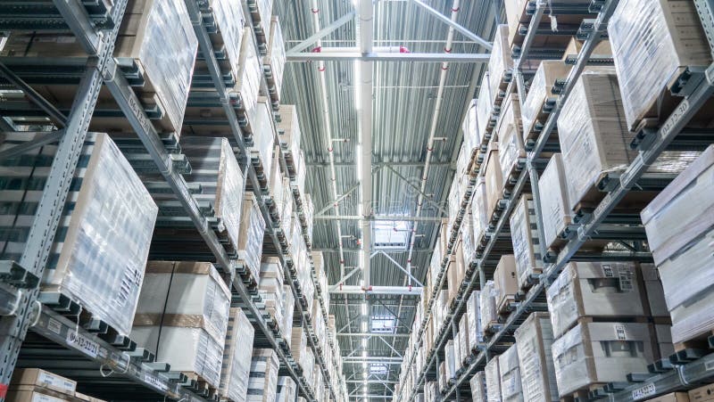 Rows of Shelves with Boxes in Modern Warehouse Stock Image - Image of ...