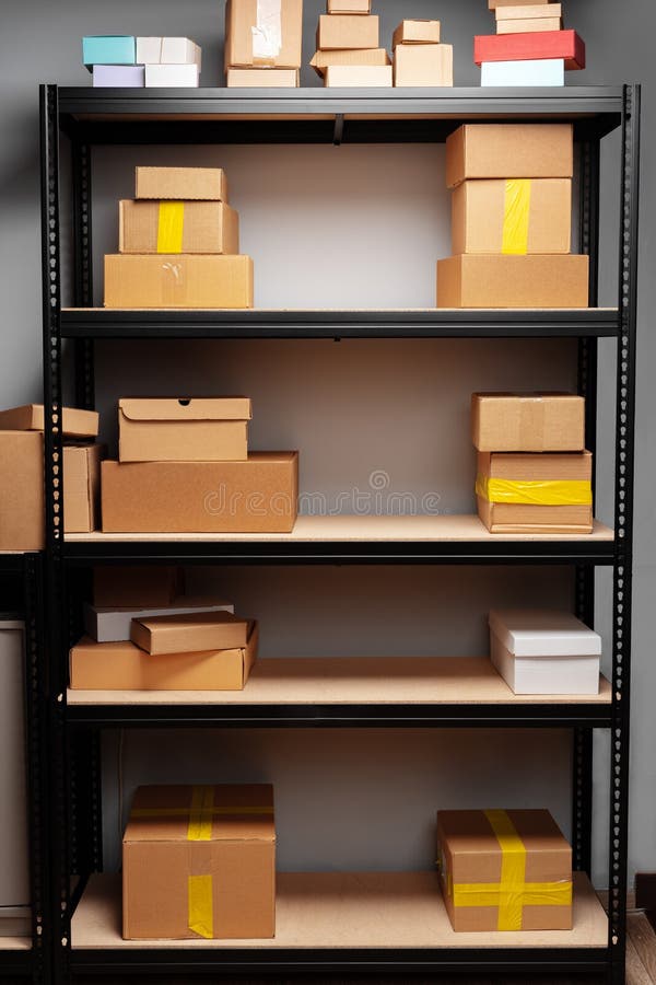 Rows of Shelves with Cardboard Boxes in Modern Warehouse Stock Image ...