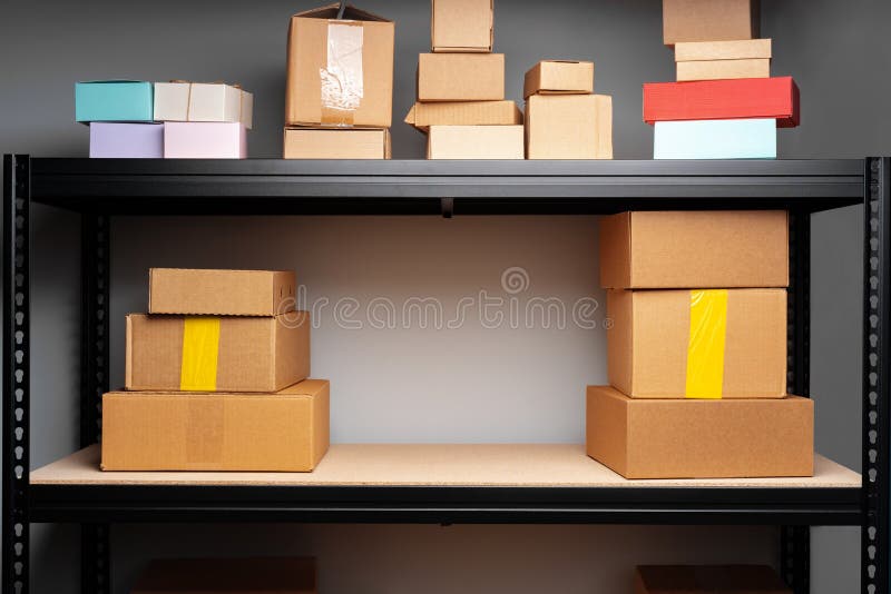 Rows of Shelves with Cardboard Boxes in Modern Warehouse Stock Image ...
