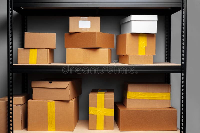Rows of Shelves with Cardboard Boxes in Modern Warehouse Stock Image ...