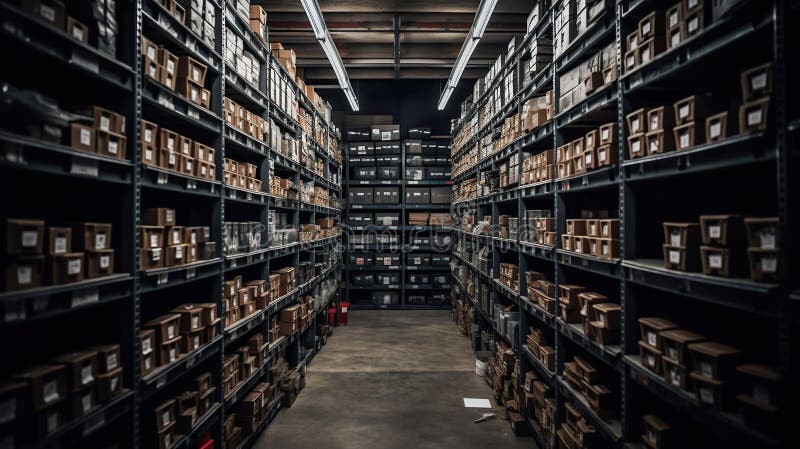 Rows of Shelves with Goods Boxes in Modern Industry Warehouse Store at ...