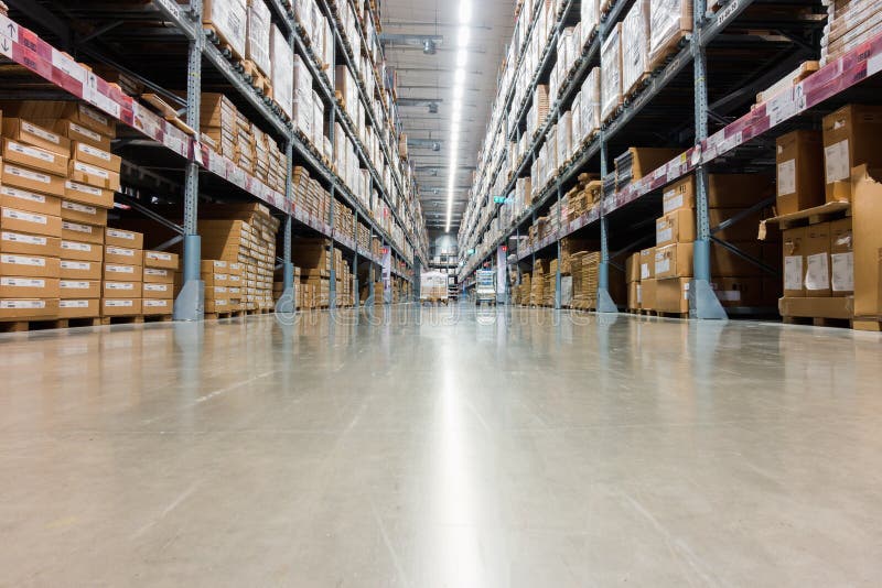 Rows of Shelves Goods Boxes in Warehouse Store Storage Stock Photo ...