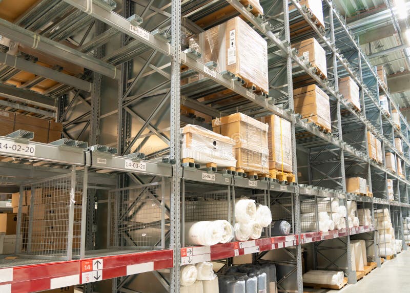 Rows of Shelves and Racks with Goods Boxes and Items Stock Image ...