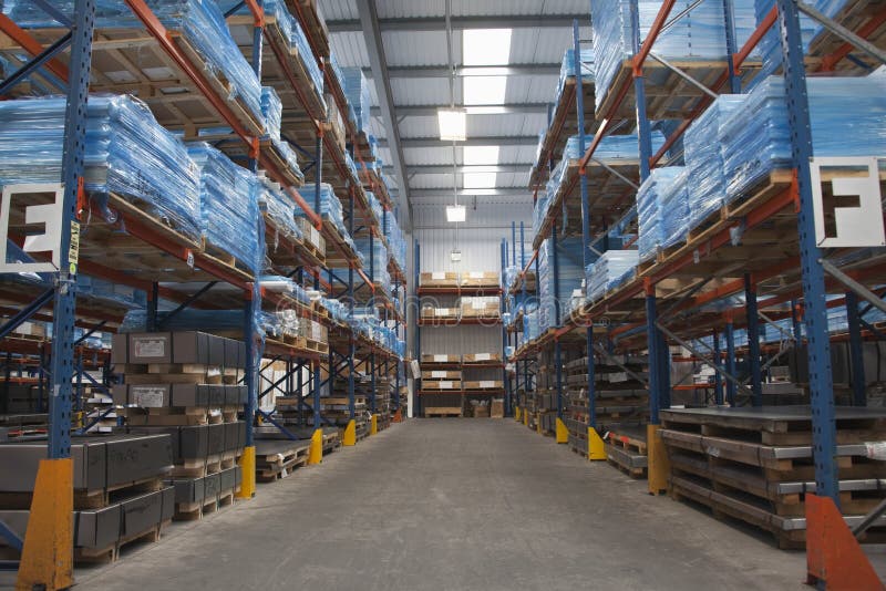 Rows of Shelves in Warehouse Stock Photo - Image of room, horizontal ...