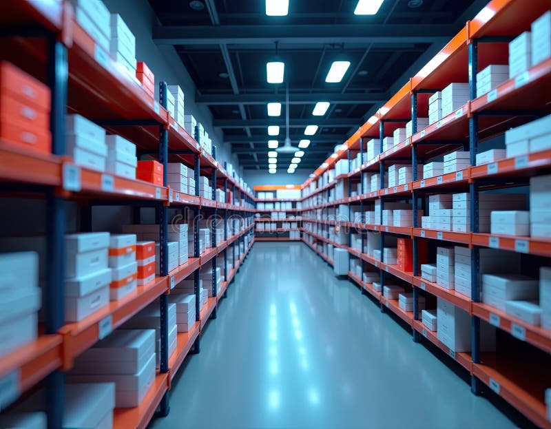 Rows of Shelves in a Warehouse Filled with Cardboard Boxes Stock ...