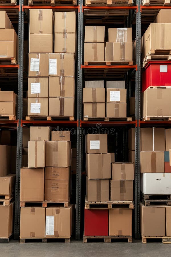 A Large Warehouse with Organized Shelves of Cardboard Boxes in Daylight ...