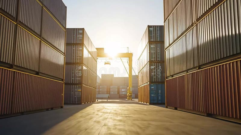 Rows of Shipping Containers Stacked High in a Port, with the Sun ...