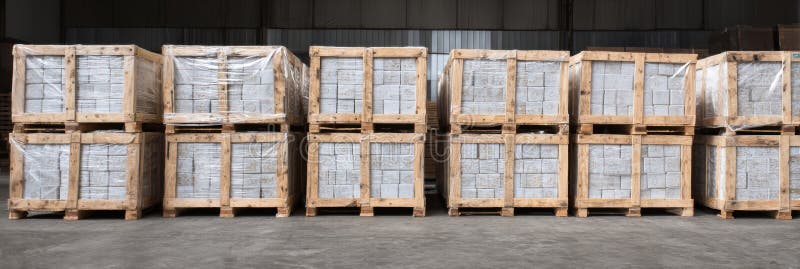 Crates of Tile Adhesive Shrink-Wrapped in a Warehouse with Overhead ...