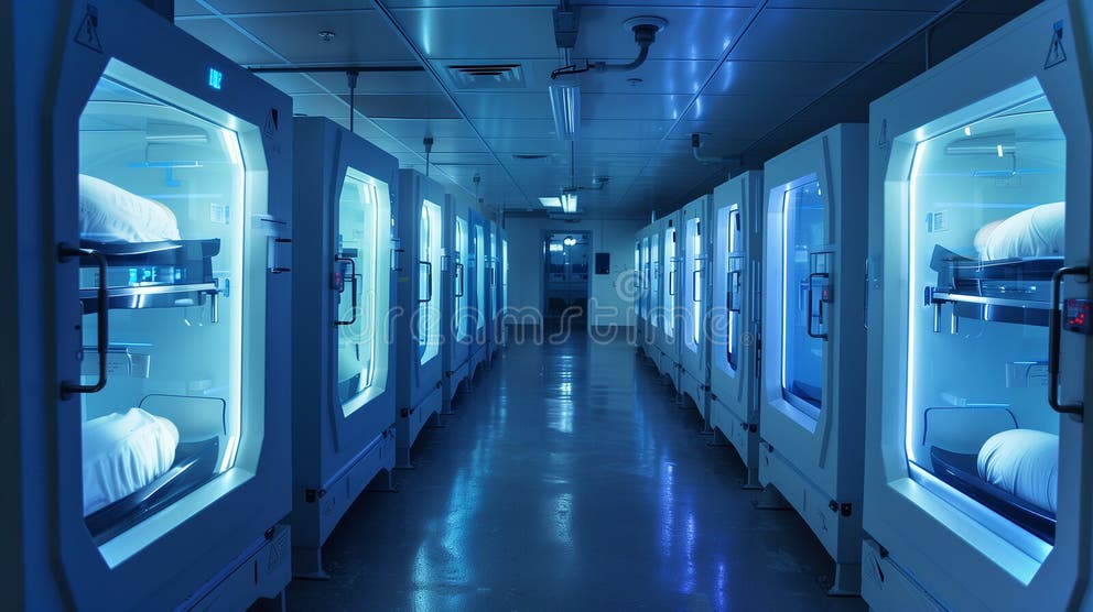 Rows of Sleek Blue-lit Chambers are Designed for Future Hibernation and ...