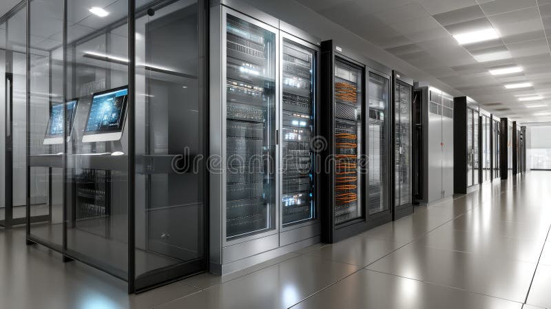 Rows of Sleek Server Cabinets Glow Softly in Blue Light, Showcasing ...