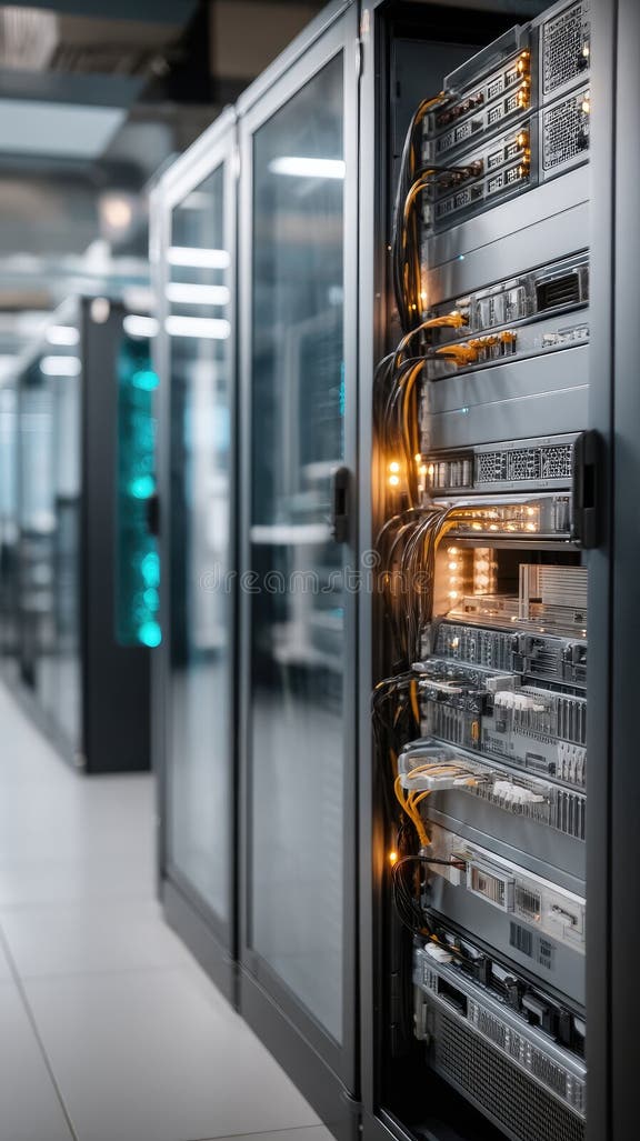 Rows of Sleek Server Cabinets Glow Softly in Blue Light, Showcasing ...