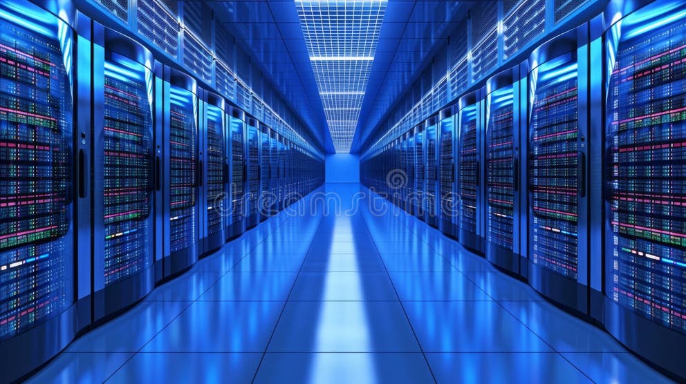 Modern Data Center Featuring Rows of Illuminated Server Racks with ...