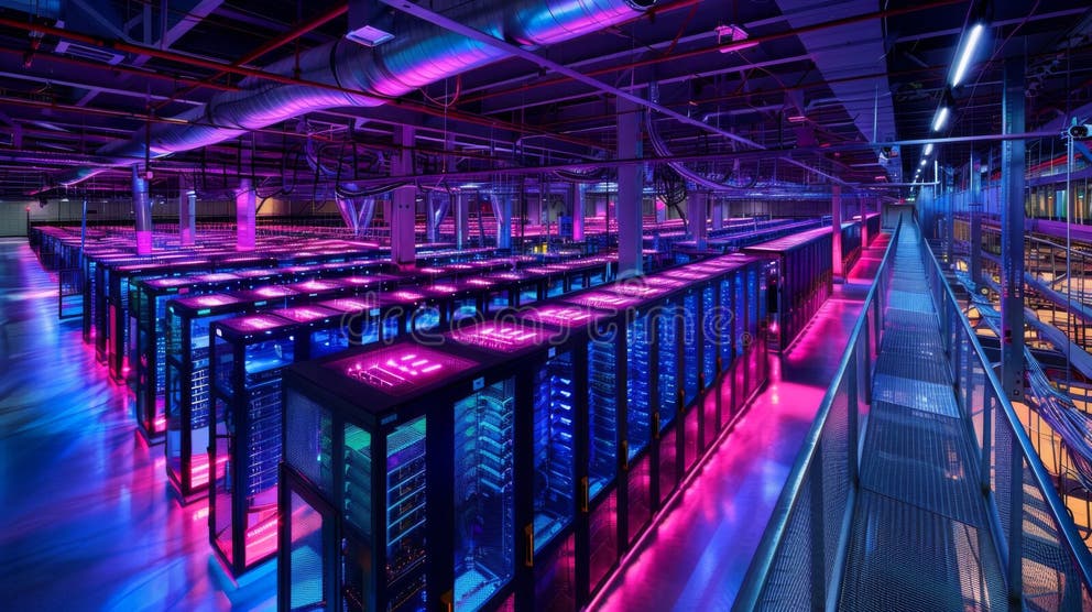 Modern Data Center Featuring Rows of Servers Illuminated by Vibrant ...