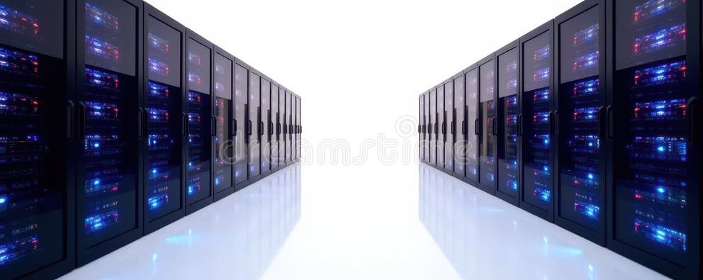 Rows of Sleek Server Racks on White Background, Web, Network, Security ...