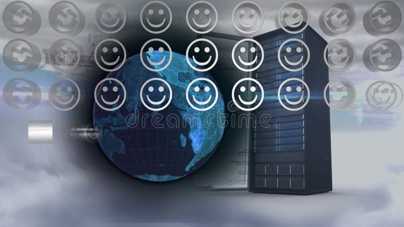 Rows of Smiling Face Emojis Over Spinning Globe and Computer Server ...