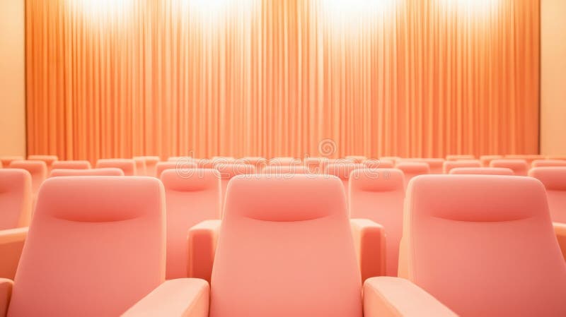 Rows of Soft Pink Theater Seats with Warm Lighting in Empty Cinema Hall ...