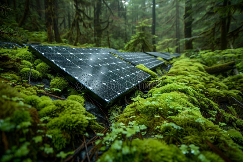 Solar Panels Installed Amidst Green Moss in a Dense Forest, Showcasing ...