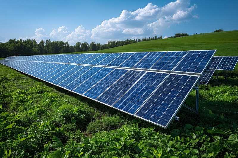 Rows of Solar Panels Capturing Sunlight in a Green Field on a Clear Day ...
