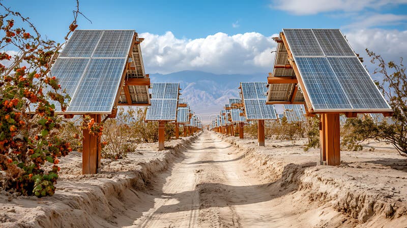 Rows of Solar Panels in a Desert Landscape Stock Illustration ...